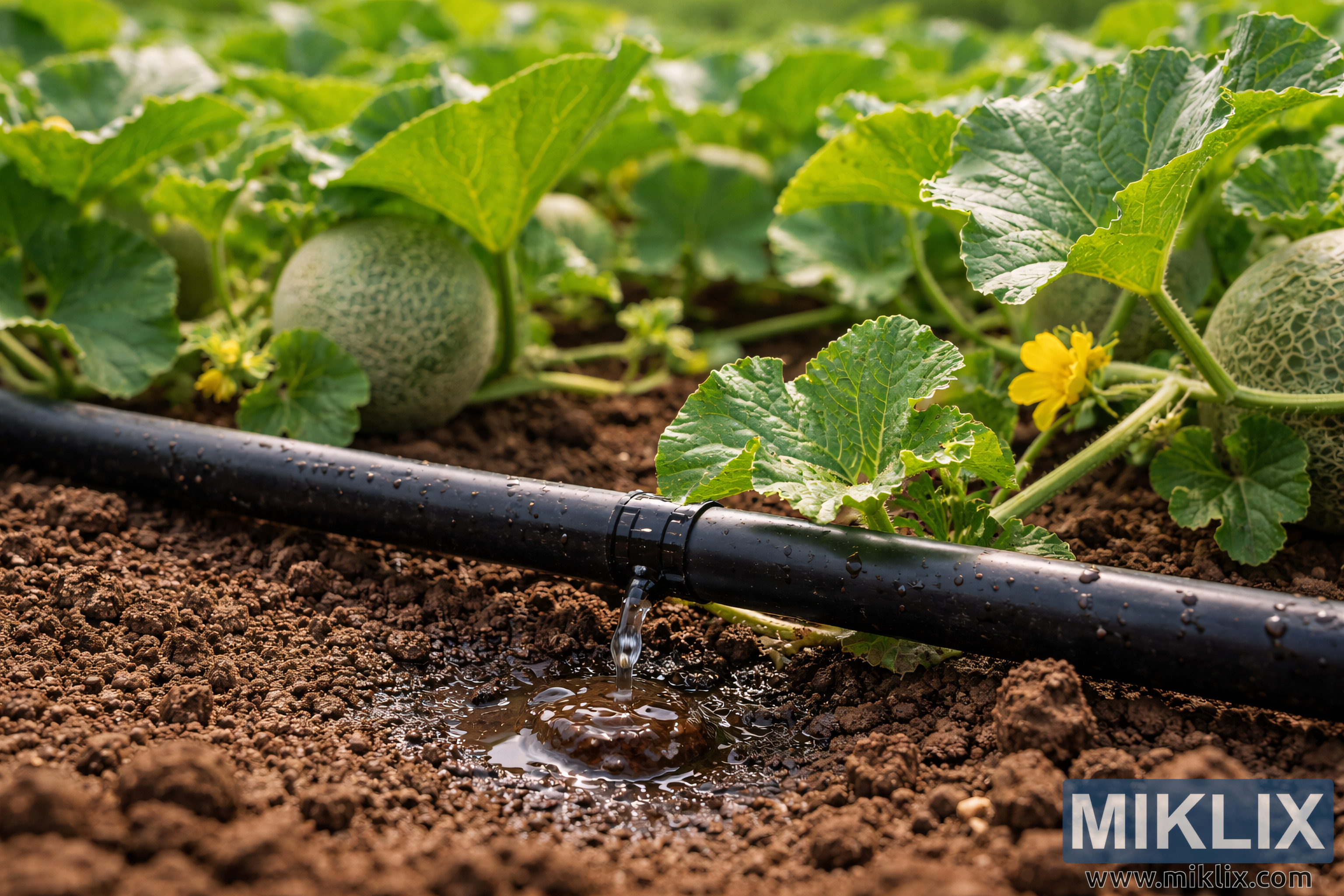 Image: Drip Irrigation Feeding Cantaloupe Plants at Soil Level - Miklix