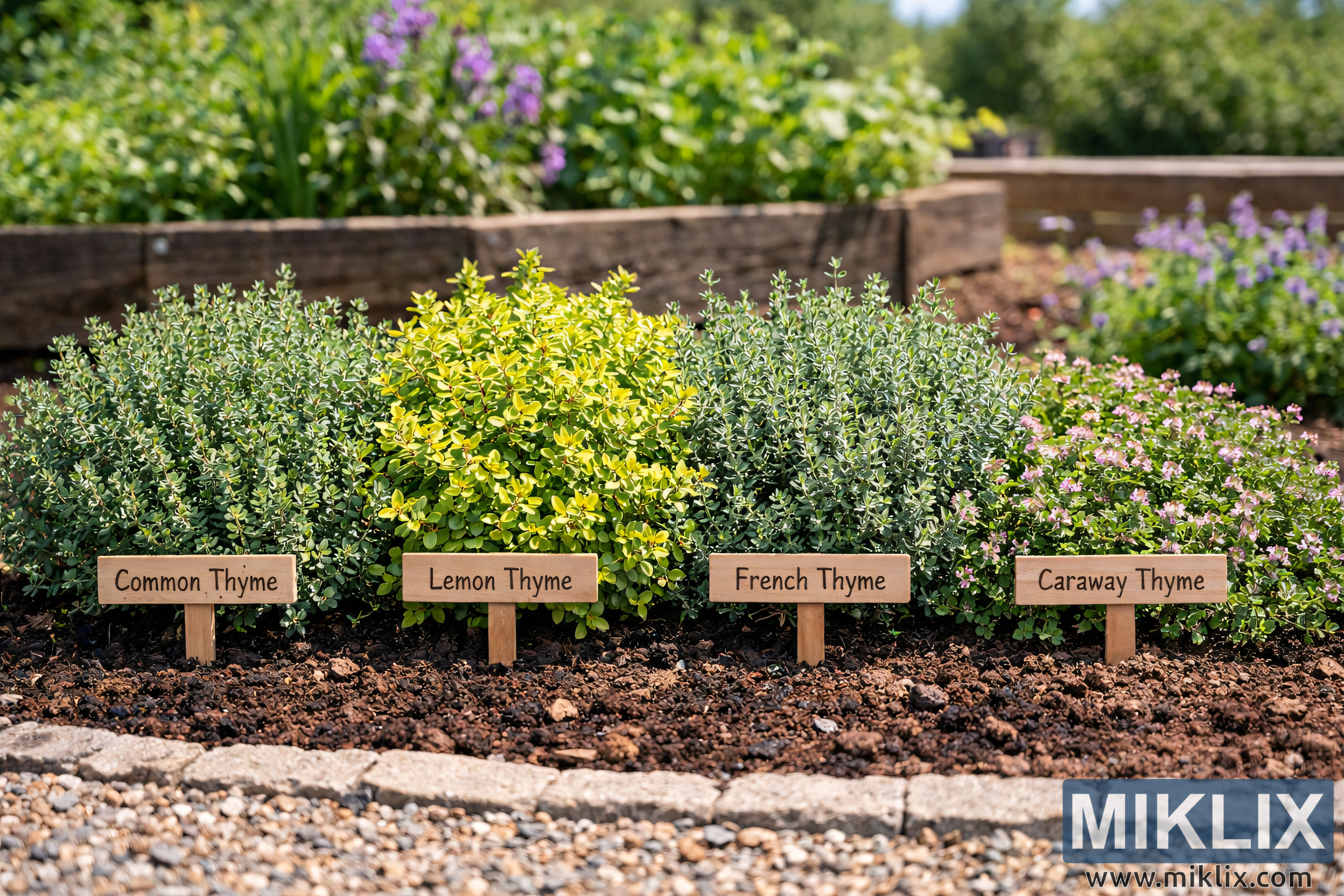 Imagen: Cuatro variedades de tomillo en un jardín de hierbas de verano ...