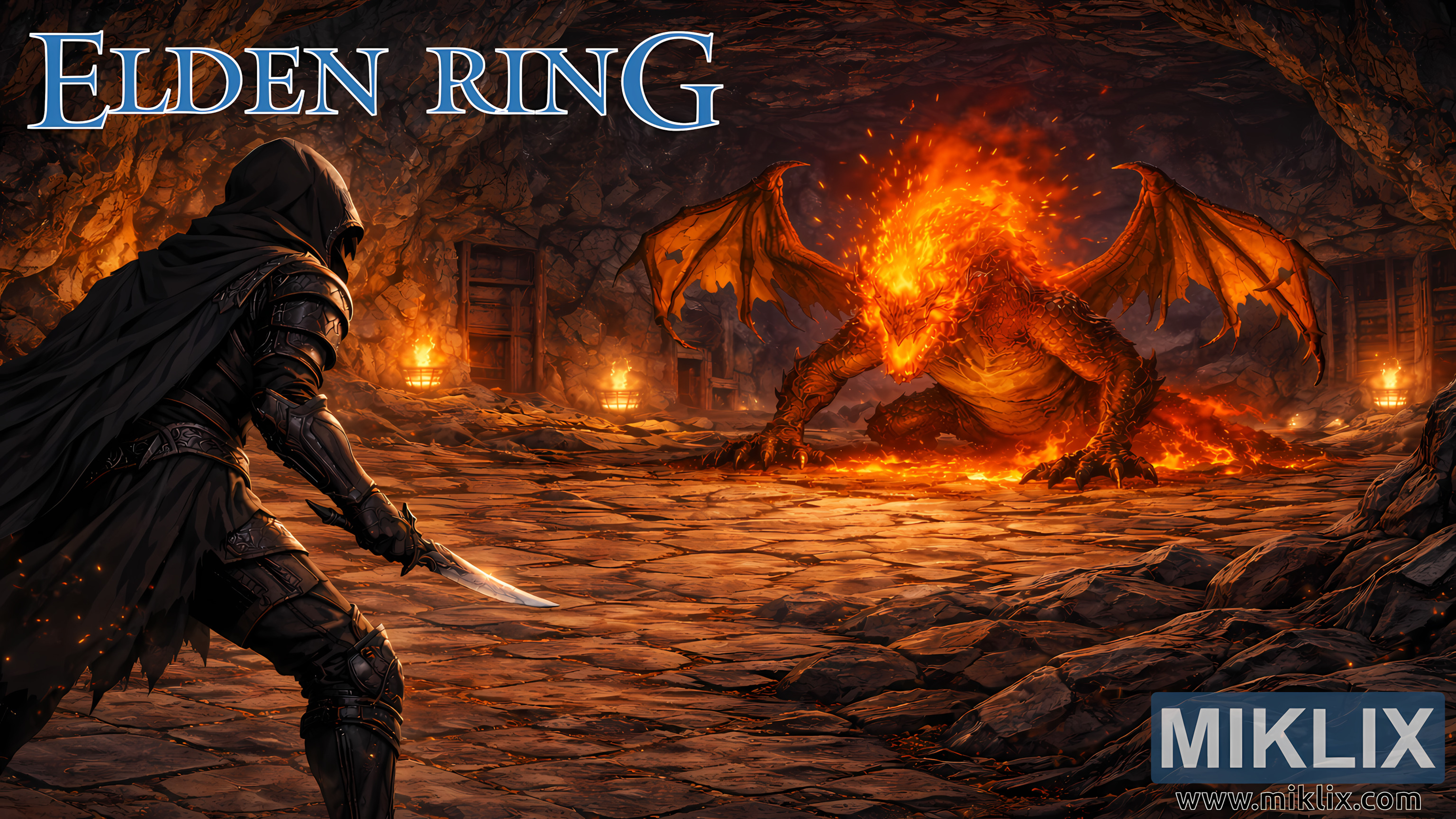 Afbeelding: Zwartmesduel met Magma Wyrm in de Gaeltunnel. - Miklix