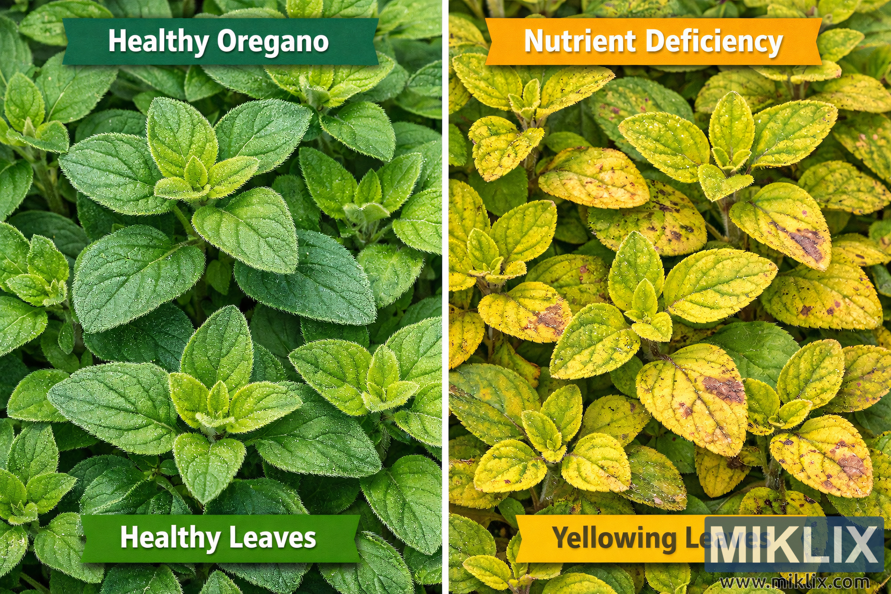 Image: Healthy vs Nutrient-Deficient Oregano Leaves - Miklix