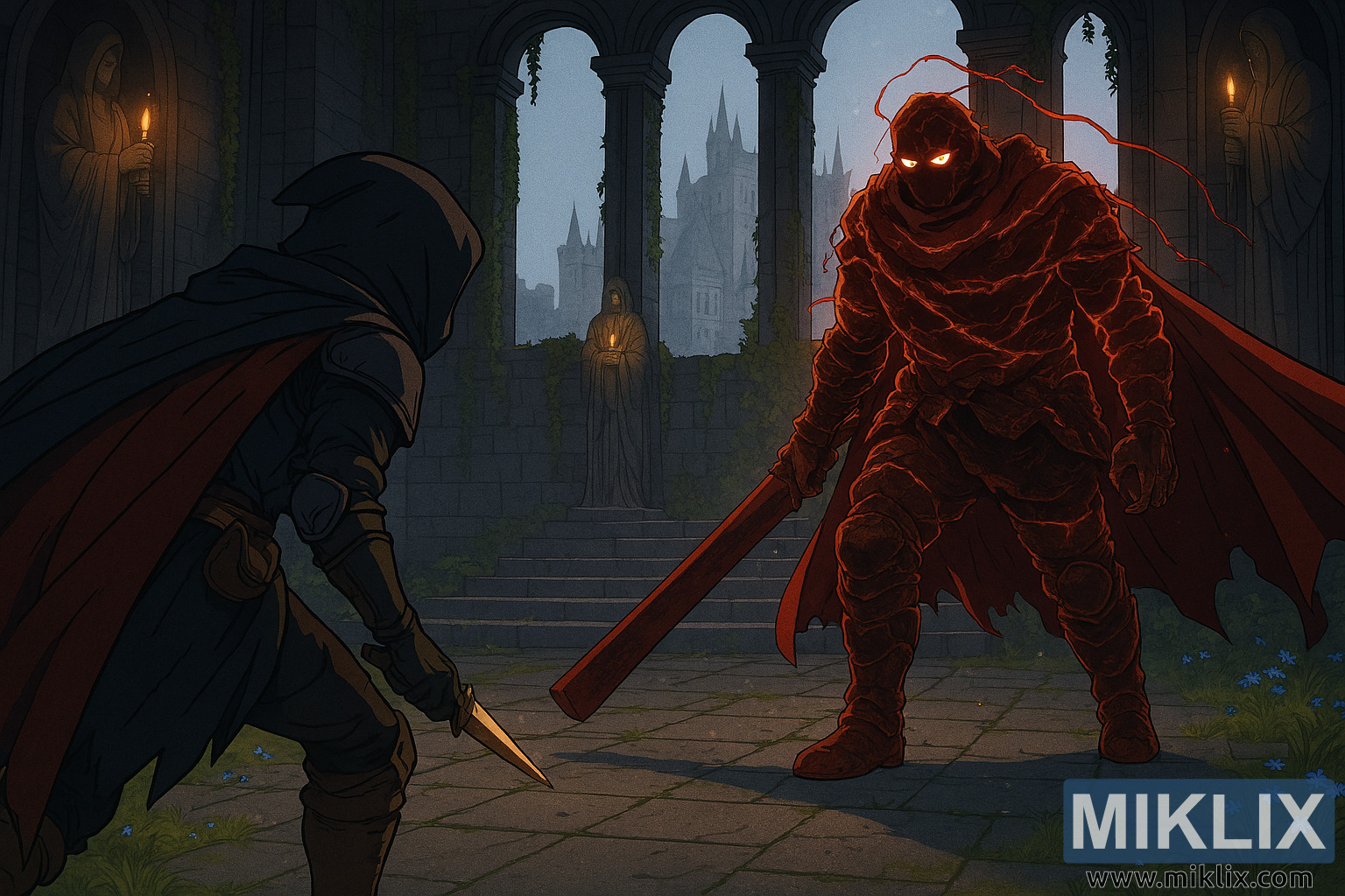 Image: Black Knife Tarnished Confronts Bell-Bearing Hunter - Miklix