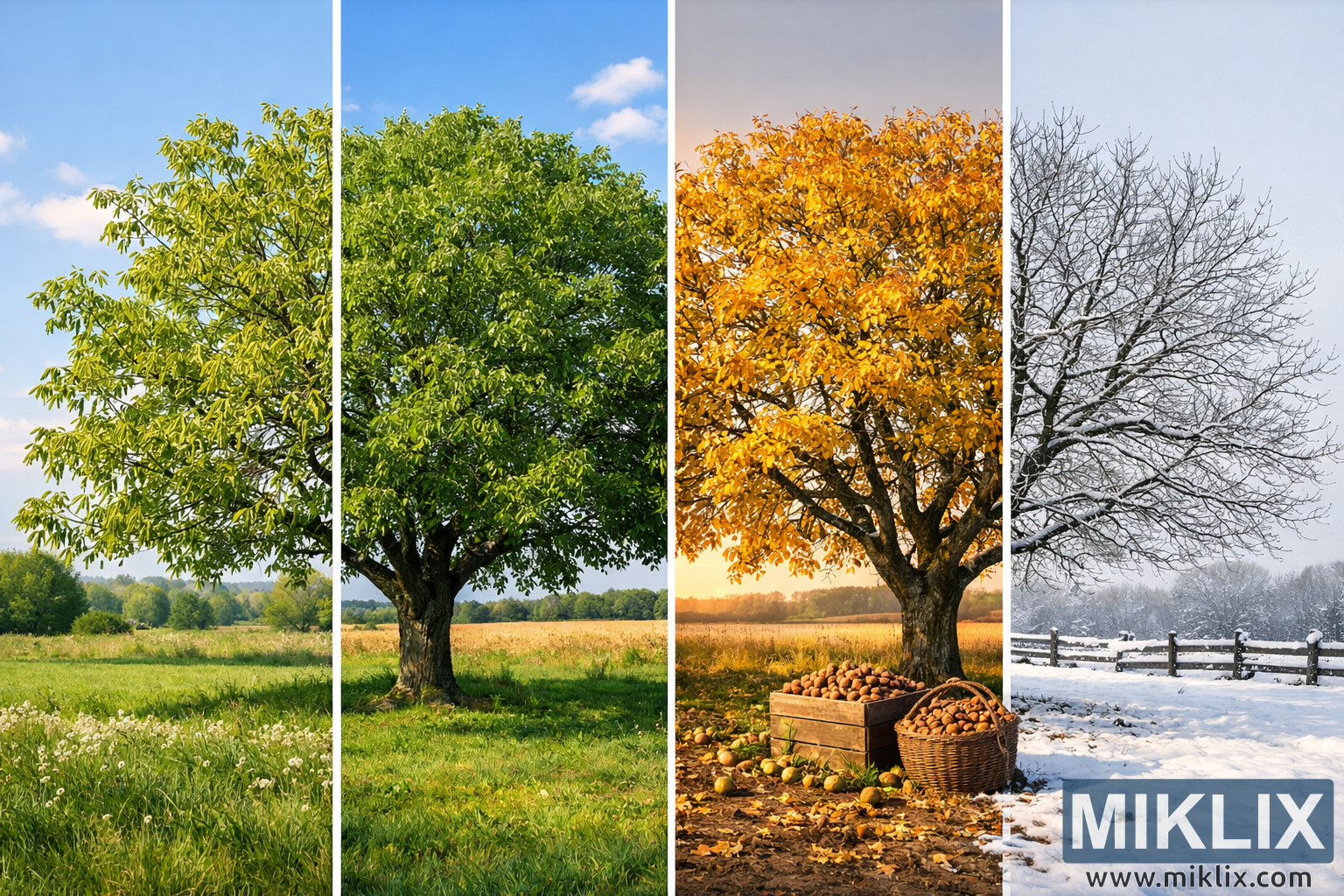 Bilde: Valnøttre gjennom de fire årstidene - Miklix
