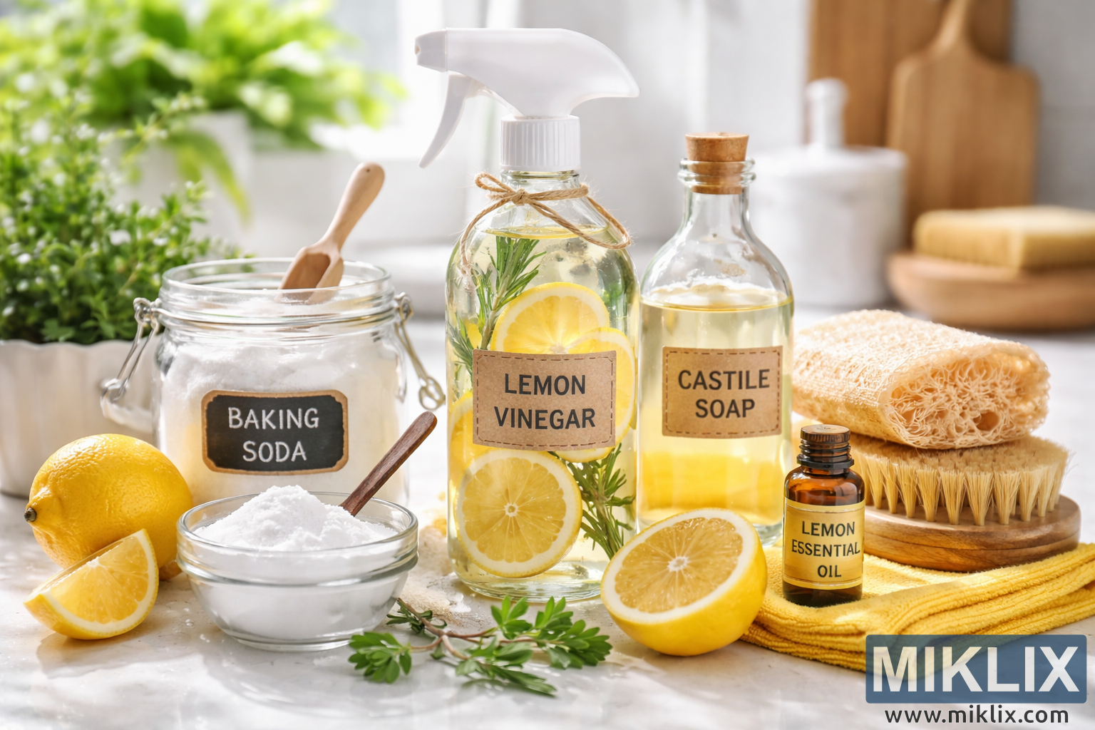 Image: Natural Lemon Cleaning Products in a Bright Kitchen - Miklix
