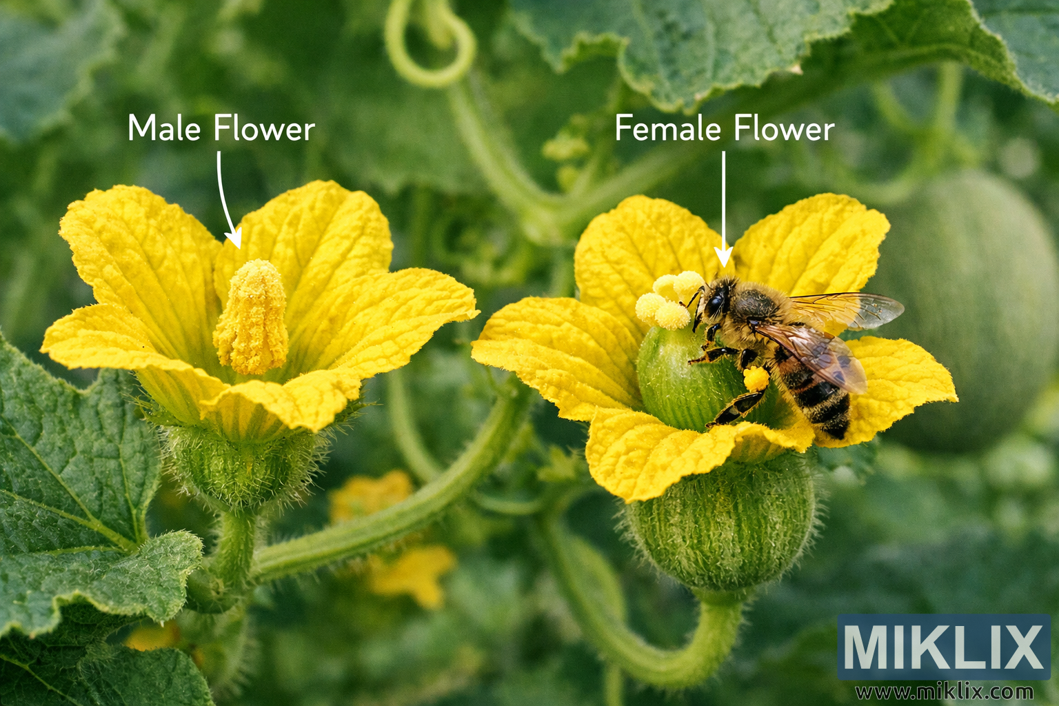 Image: Bee Pollinating Female Cantaloupe Flower Beside Male Blossom ...