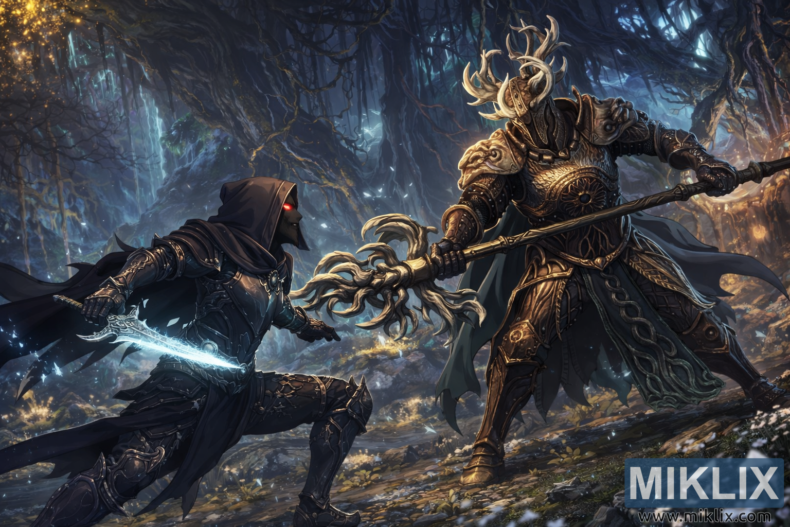 Image: Shadow of the Black Knife vs Crucible Knight Siluria - Miklix