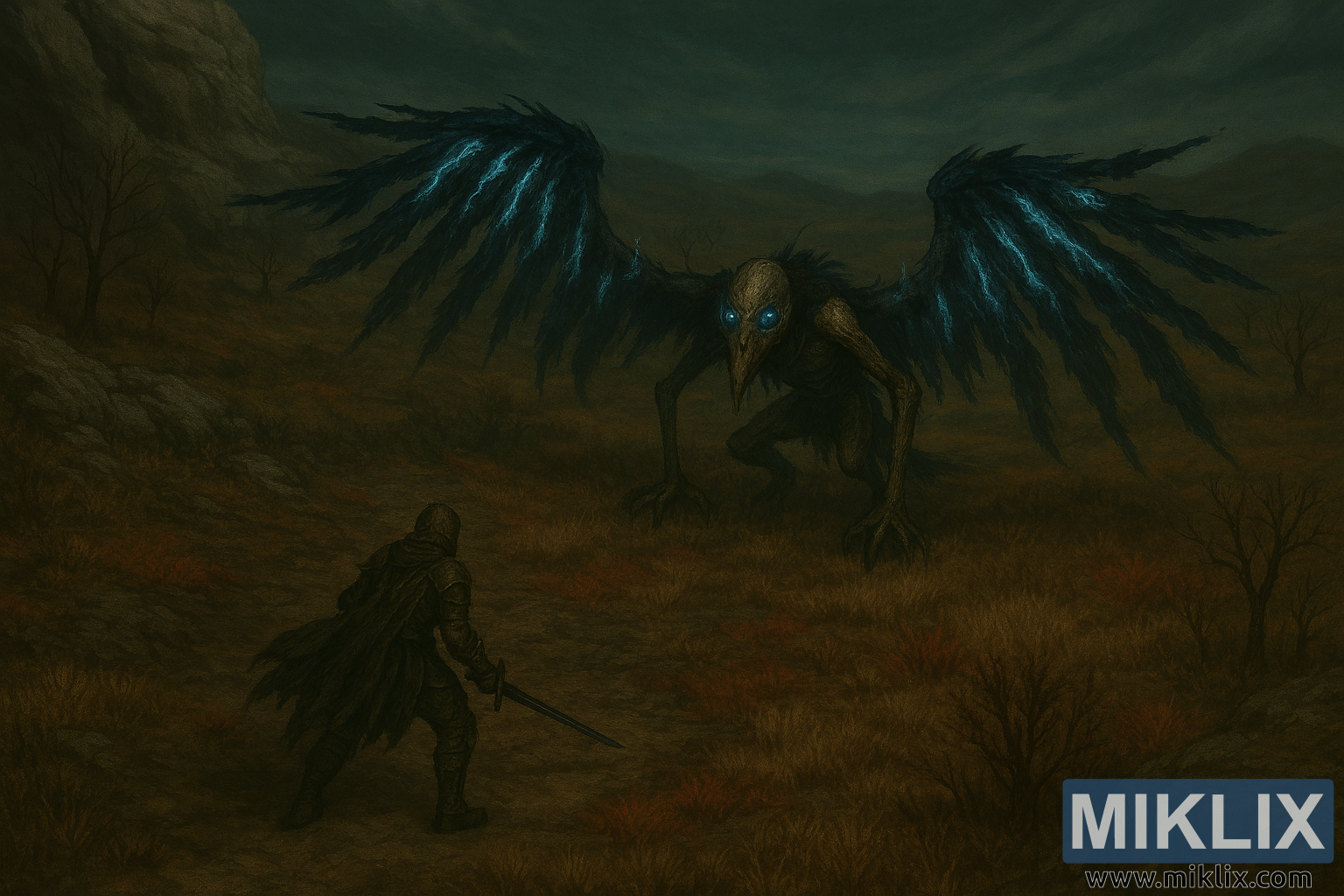 Image: Tarnished affronte l’oiseau du Rite de la Mort à Caelid - Miklix