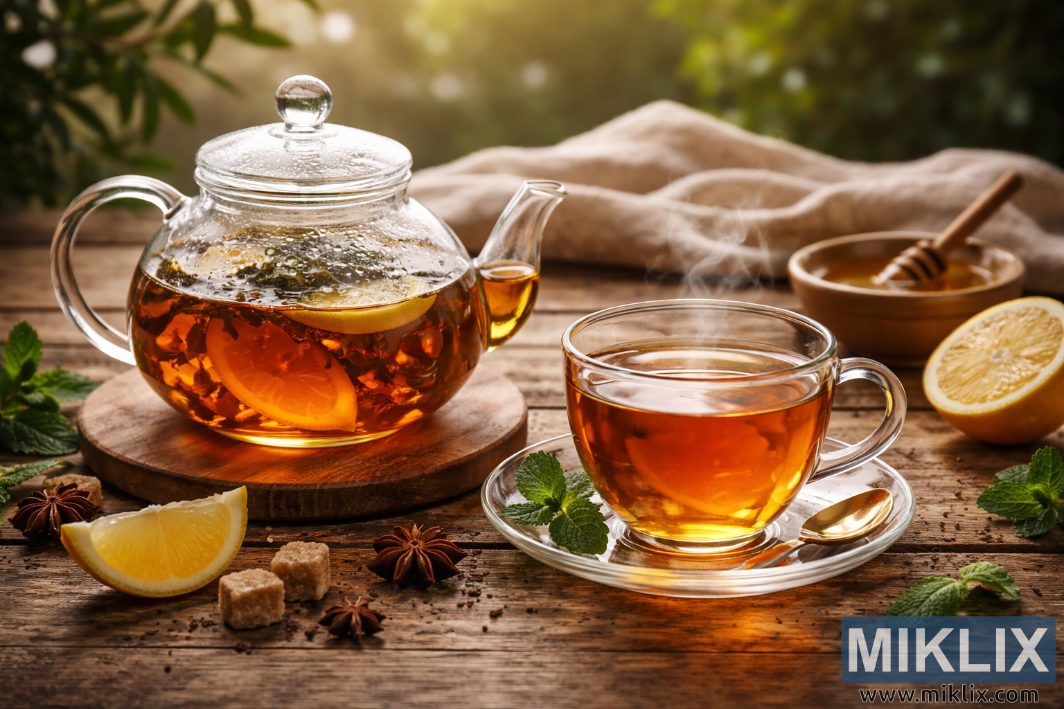 Image: Glass Teapot and Cup of Tea on Rustic Wooden Table - Miklix