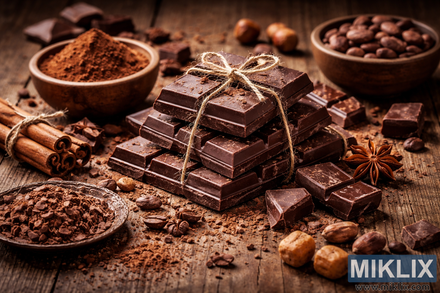 Image: Artisan Dark Chocolate on Rustic Wooden Table - Miklix