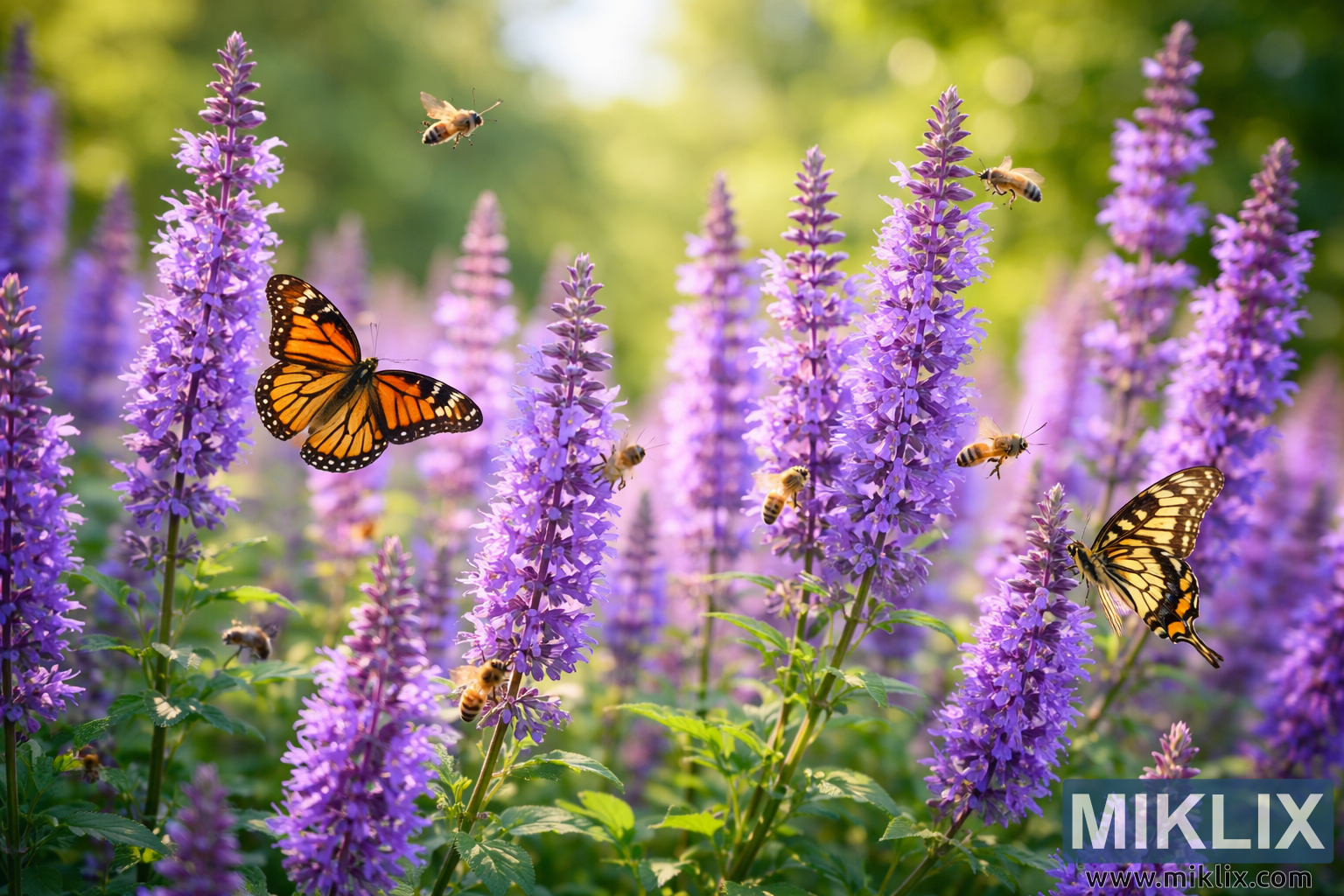 Picha: Maua ya Sage Yakiwa Hai na Nyuki na Vipepeo - Miklix