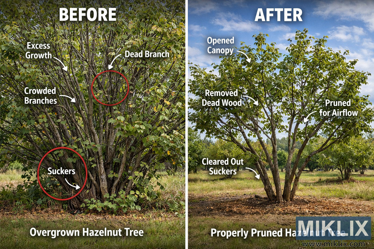 Image: Before and After Pruning of a Hazelnut Tree - Miklix