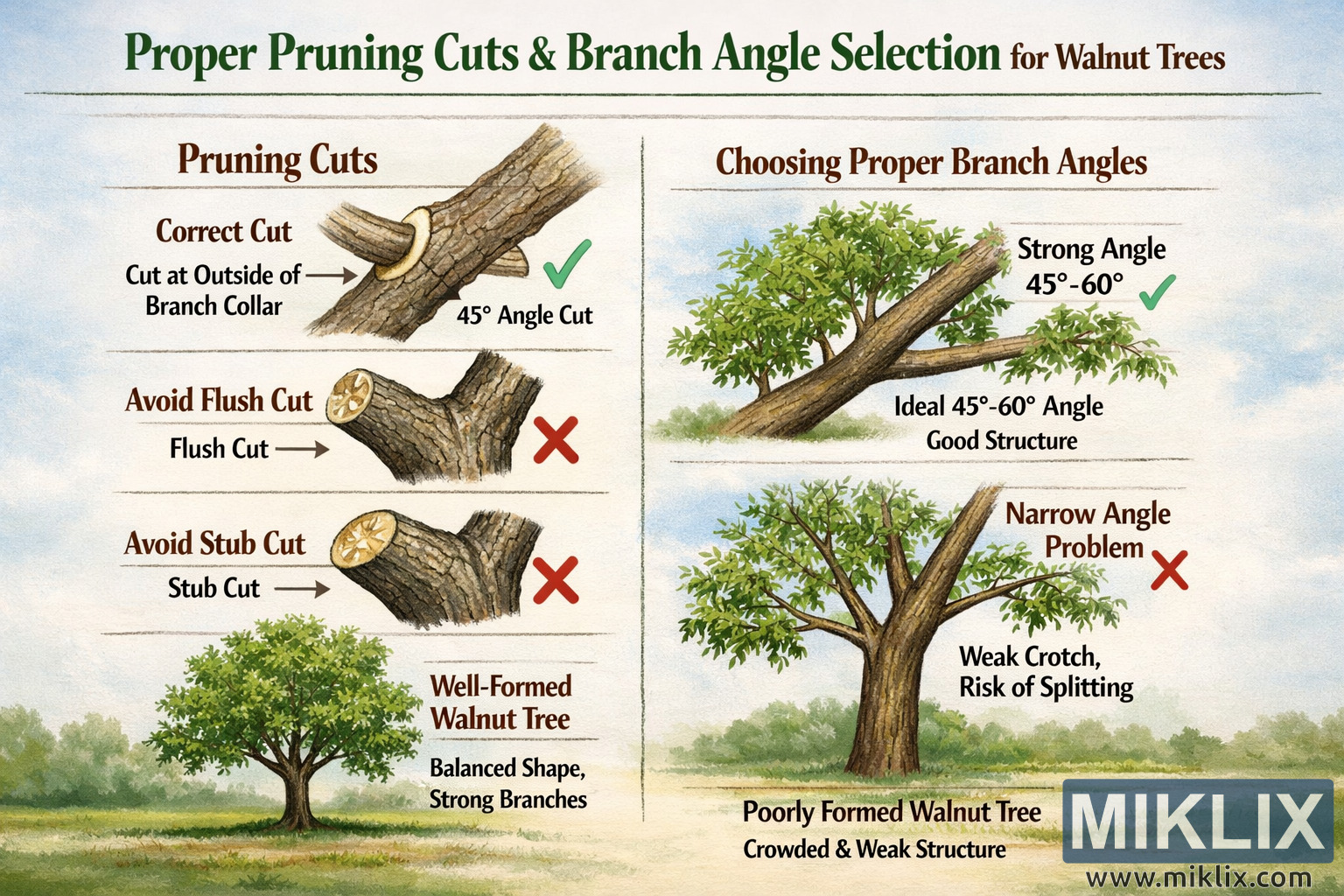 Image: Proper Pruning Cuts and Branch Angles for Walnut Trees - Miklix