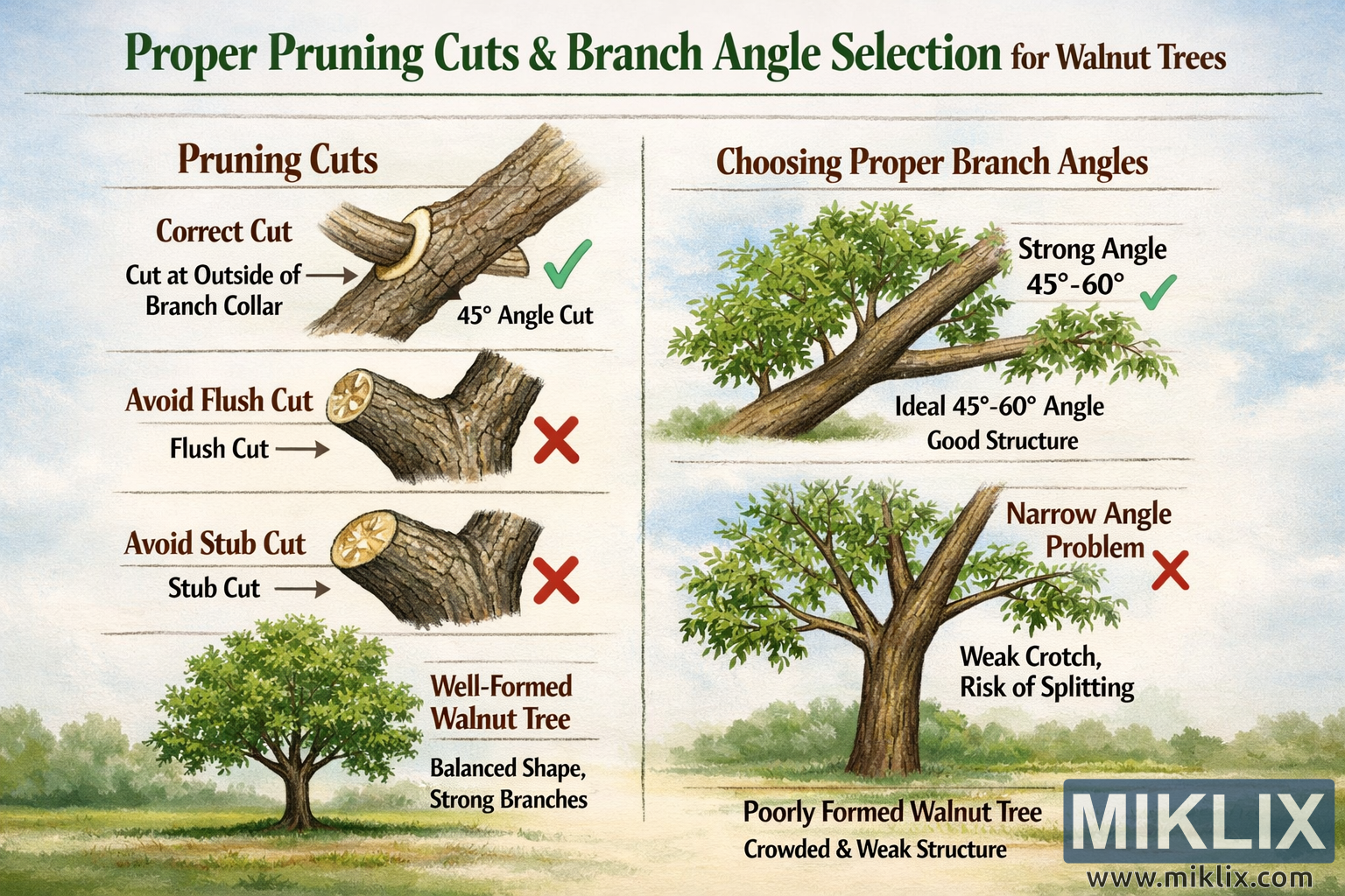 Image: Proper Pruning Cuts and Branch Angles for Walnut Trees - Miklix