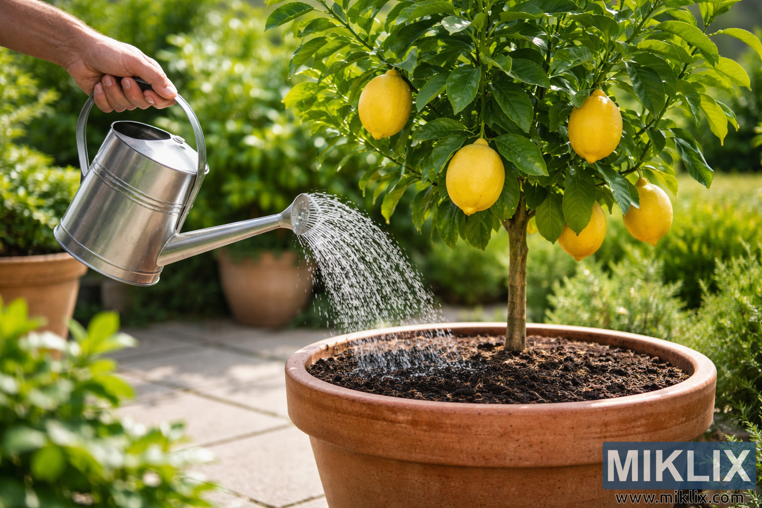 Image : Arrosage manuel d'un citronnier en pot - Miklix