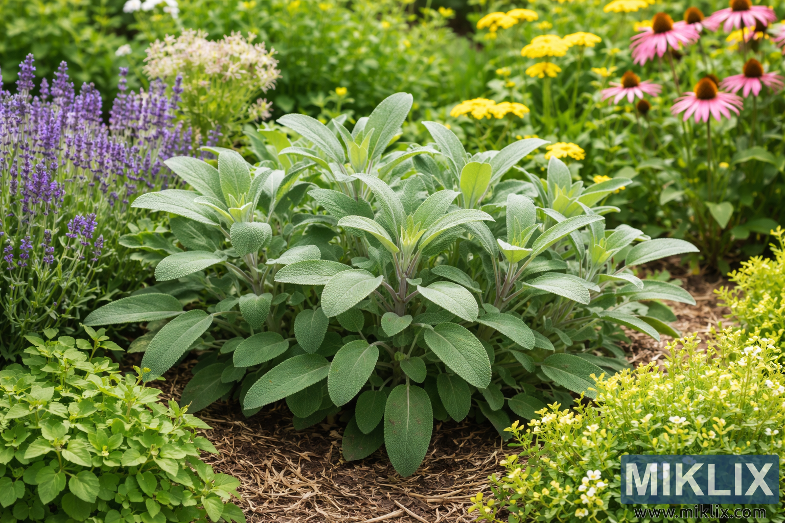 Image: Sage with Companion Plants in a Garden Bed - Miklix