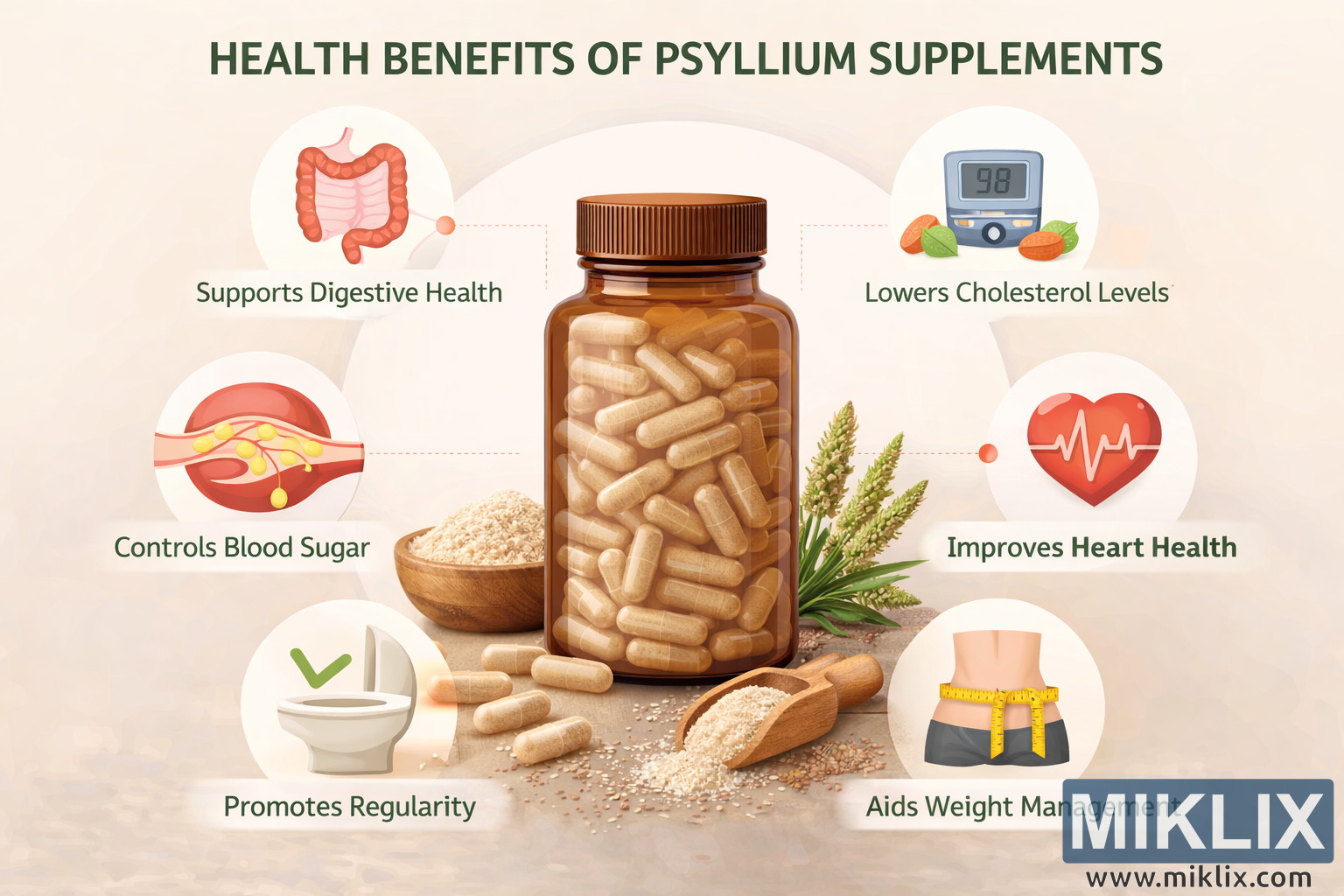 Image: Health Benefits of Psyllium Supplements Infographic - Miklix