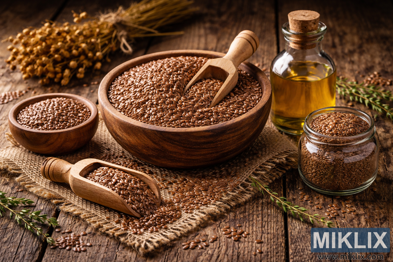 Slika: Rustik laneno seme mrtva priroda na drvenom stolu - Miklix