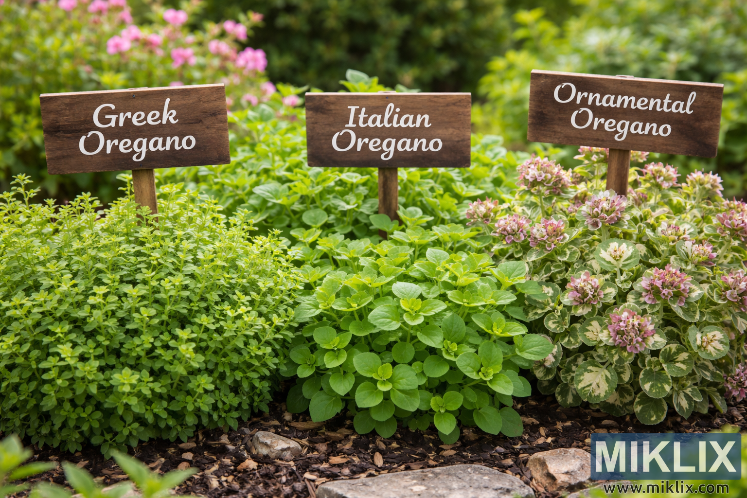 Image: Greek, Italian, and Ornamental Oregano Growing Side by Side - Miklix