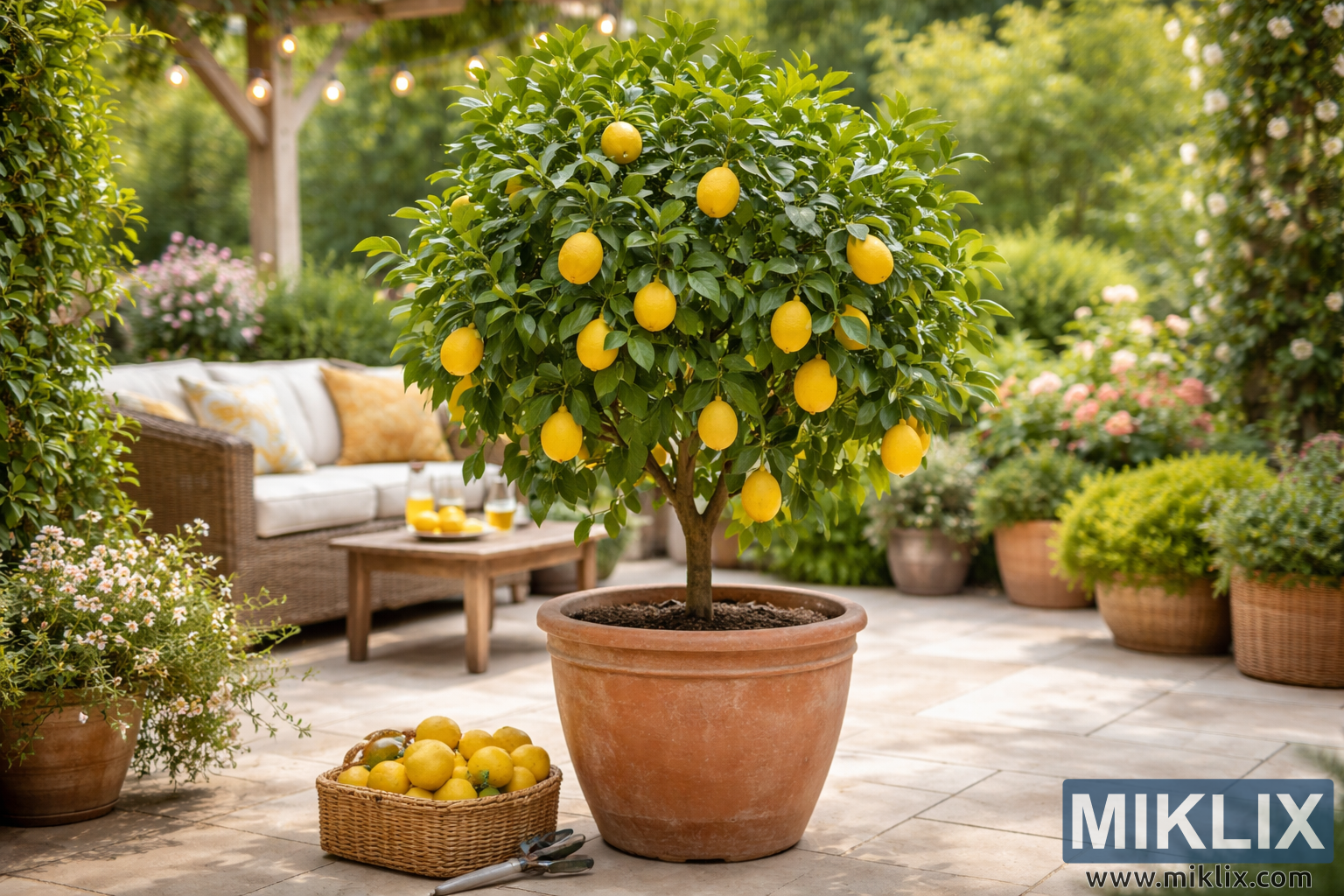 Image: Citronnier en pot sur un patio ensoleillé - Miklix