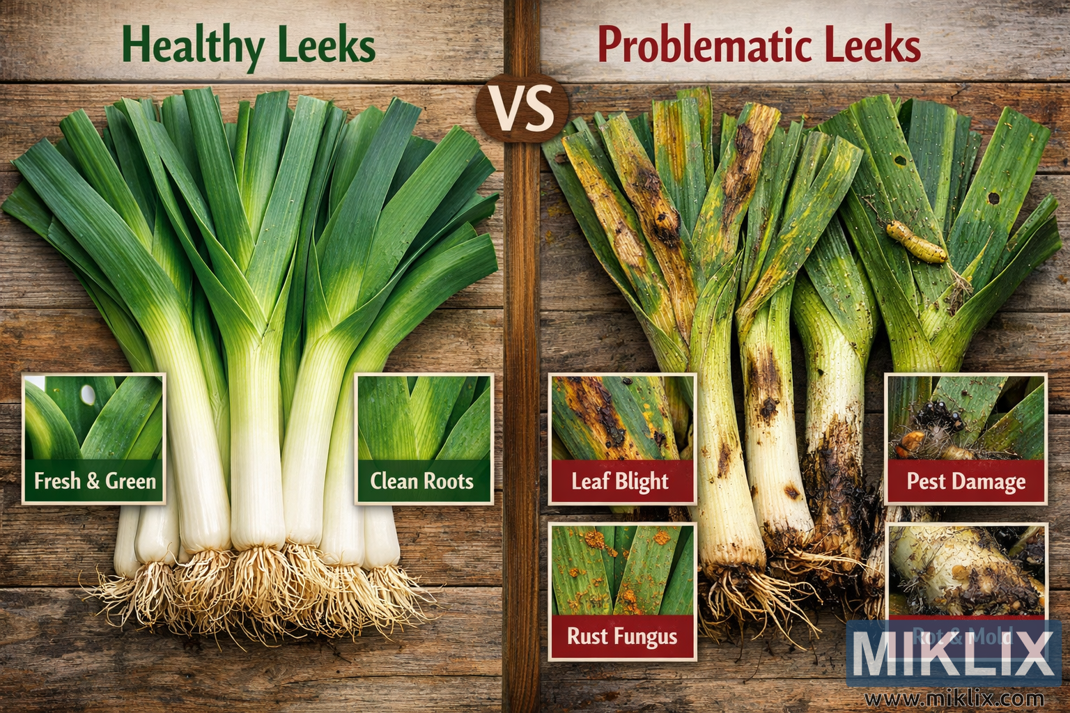 Image: Healthy vs Problematic Leeks: A Visual Comparison - Miklix
