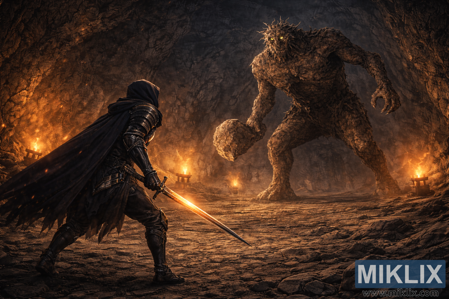 Image: Tarnished and the Stone Giant in the Cavern Depths - Miklix