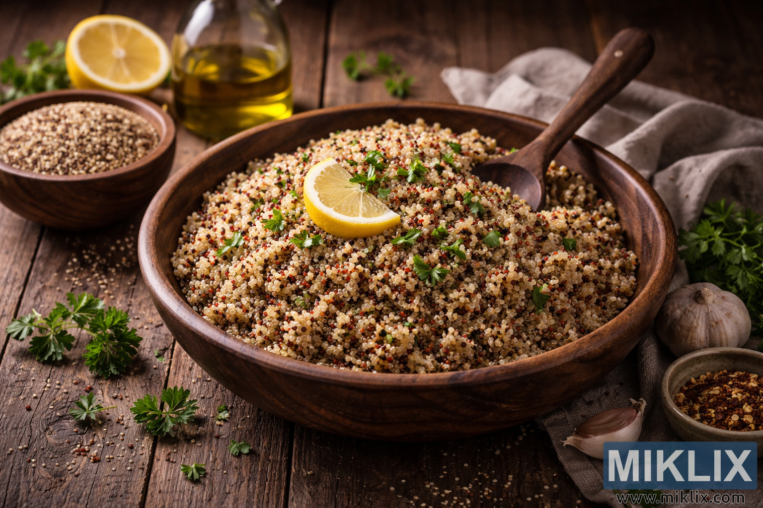 Image: Rustic Quinoa Bowl on Wooden Table - Miklix