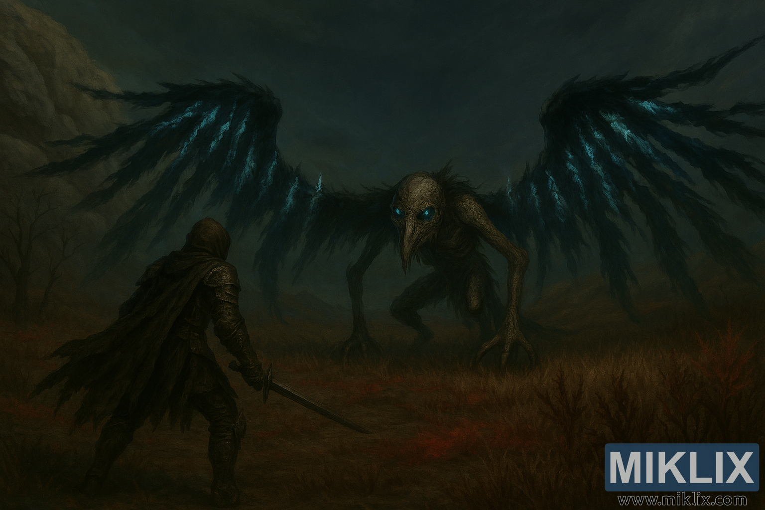 Image: Confrontation in Caelid: Tarnished vs Death Rite Bird - Miklix