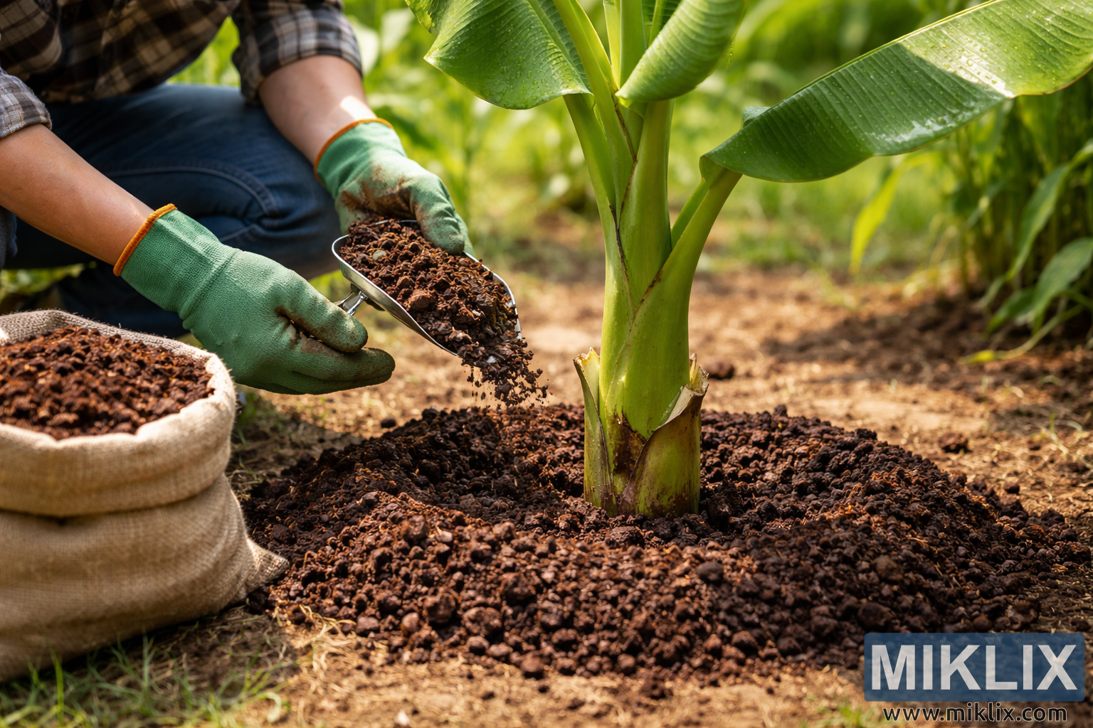 Image: Applying Organic Fertilizer to a Young Banana Plant - Miklix