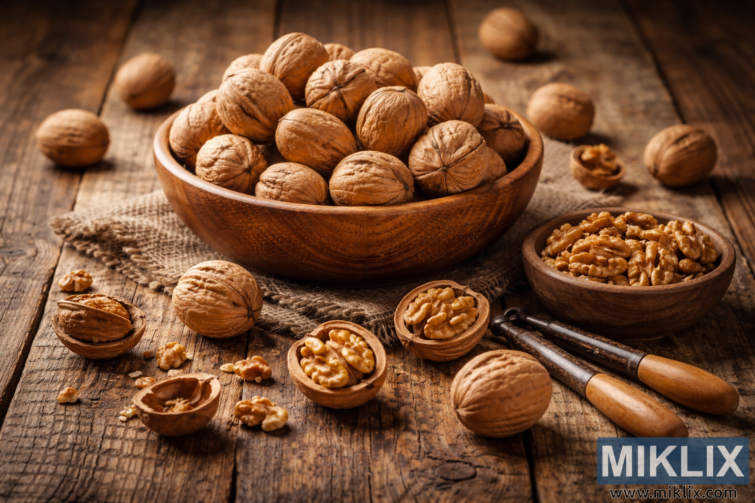 Vaizdas: Kaimiškas riešutmedžio natiurmortas ant medinio stalo - Miklix