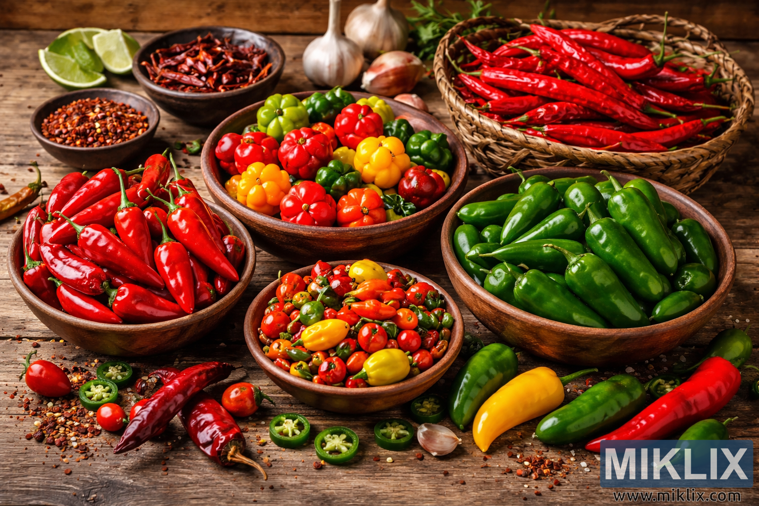 Immagine: Un raccolto rustico di peperoncini colorati - Miklix