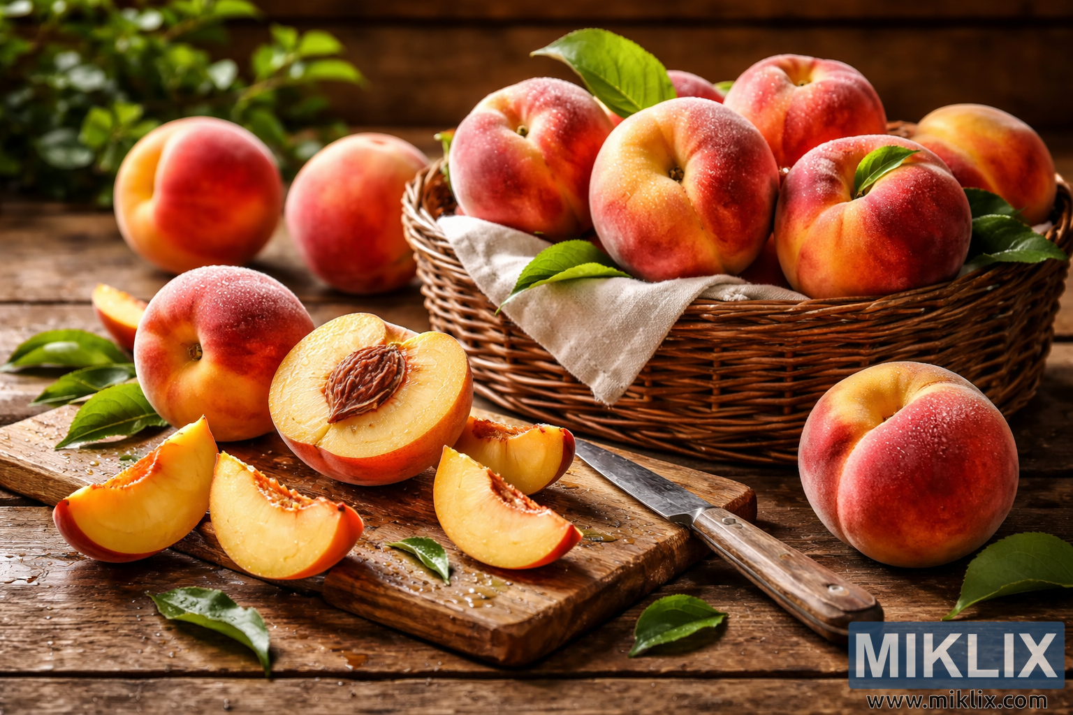 Image: Ripe Peaches on a Rustic Wooden Table - Miklix