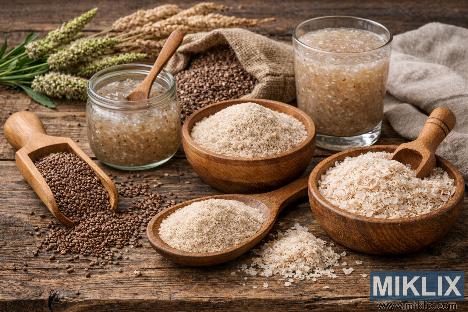 Image: Various Forms of Psyllium on a Rustic Wooden Table - Miklix