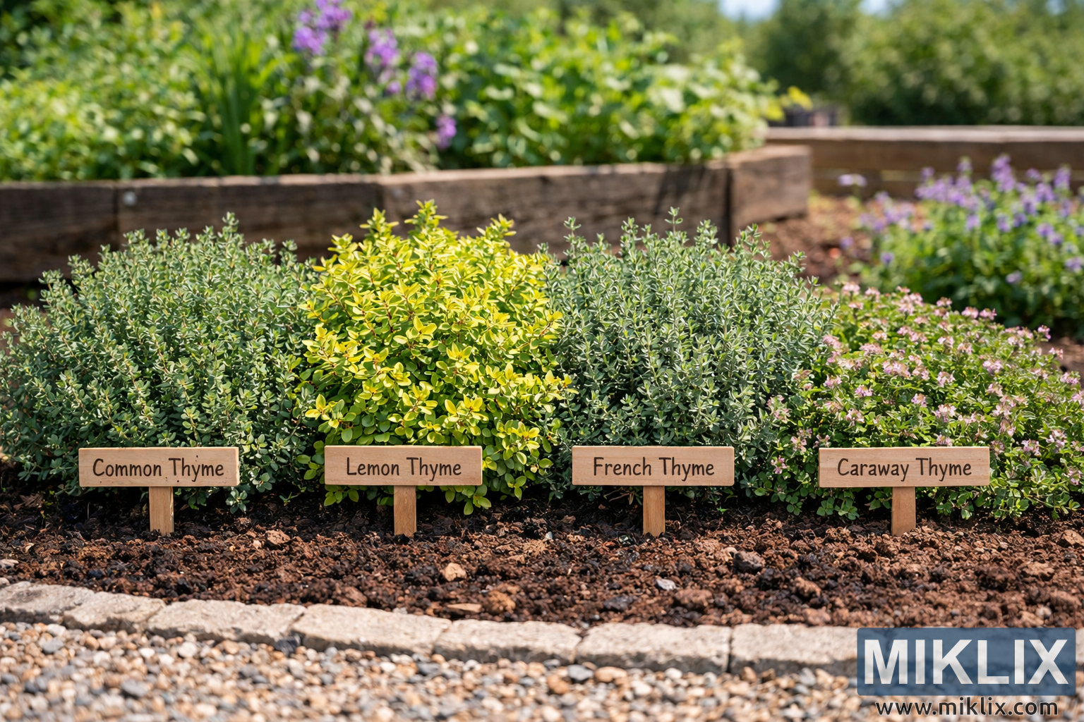 Pilt: Neli tüümiani sorti suvises ürdiaias - Miklix