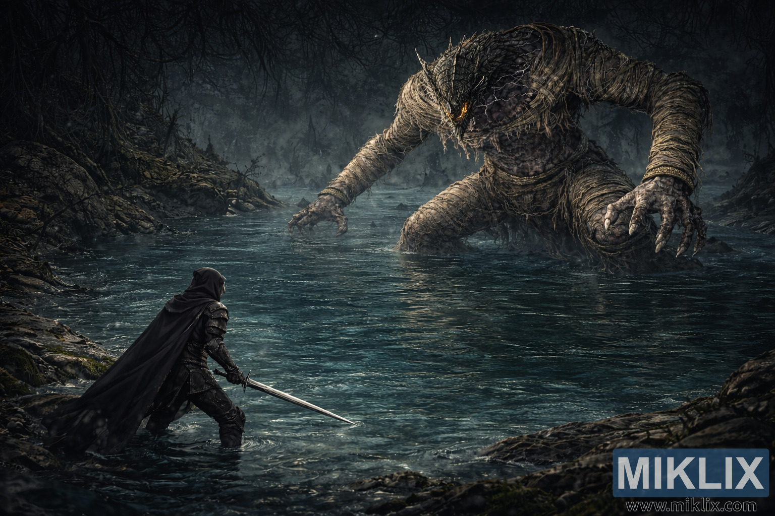 Image: Isometric Standoff in the Ainsel River - Miklix