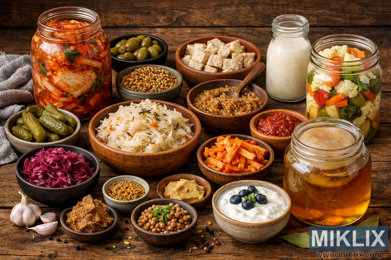 Bilde: Håndverksmessig fermentert mat på rustikt bord - Miklix