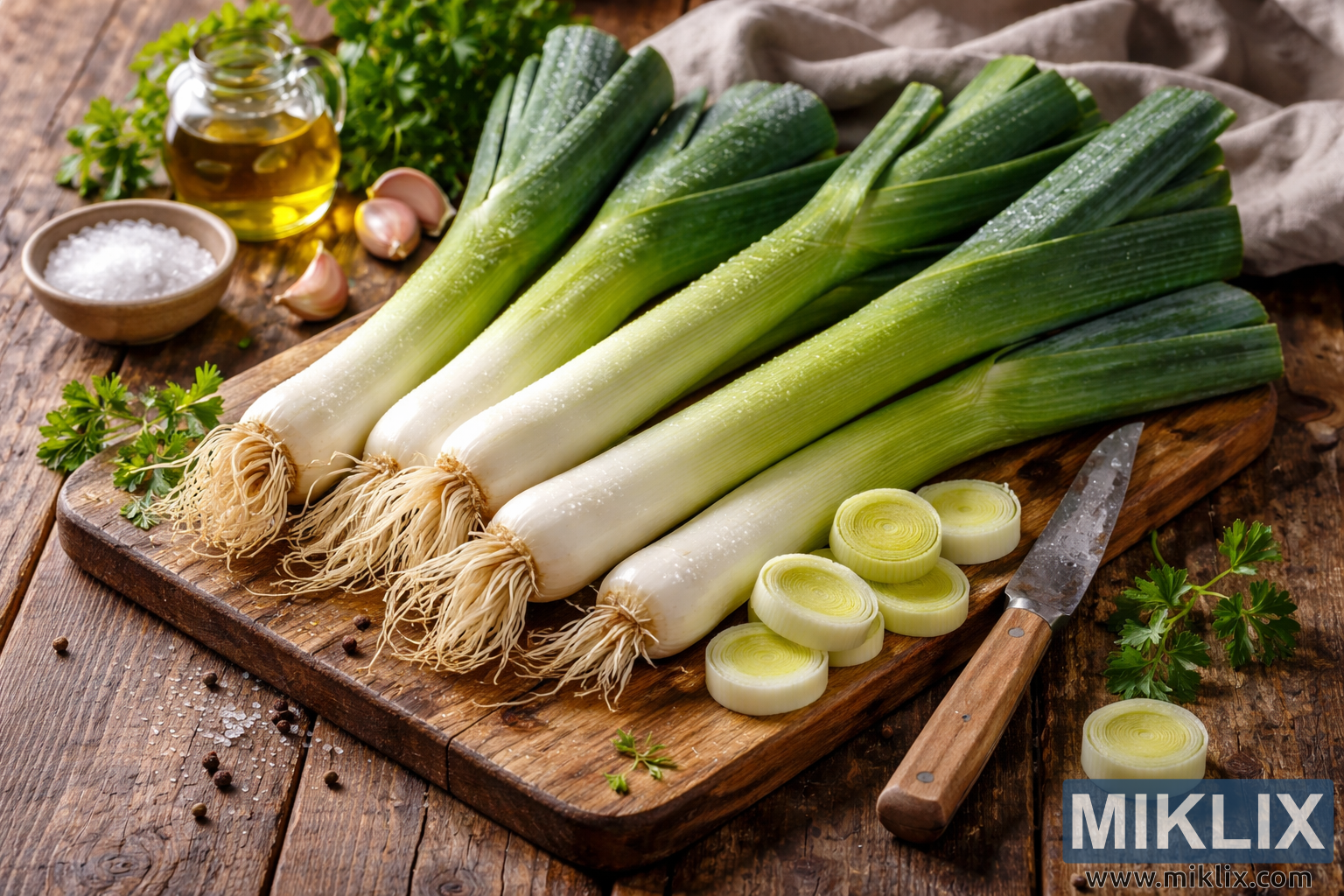 Image: Fresh Leeks on a Rustic Wooden Table - Miklix