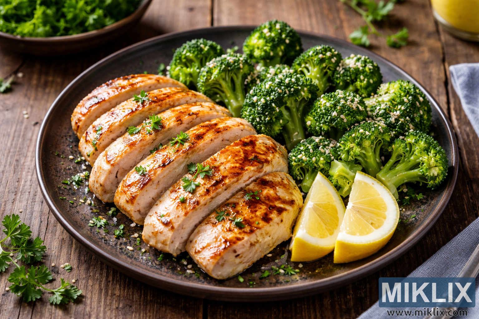 Imagine: Piept de pui la grătar cu broccoli pe masă rustică din lemn ...