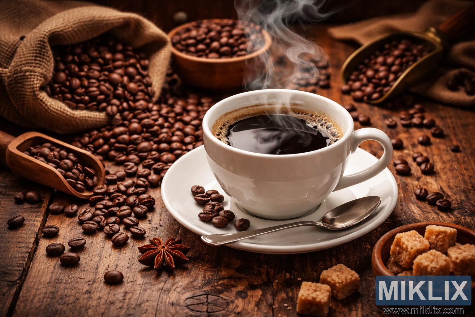 Image: Steaming Black Coffee on Rustic Wooden Table - Miklix