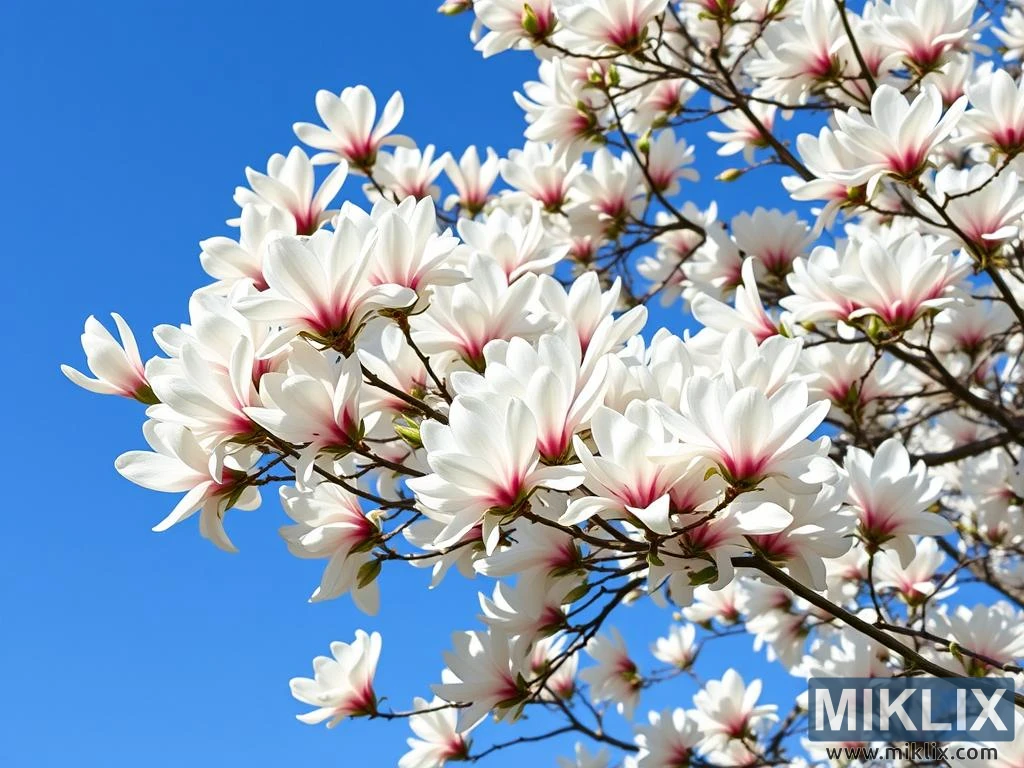 Imagine: Flori de magnolie Loebner pe un cer albastru senin - Miklix