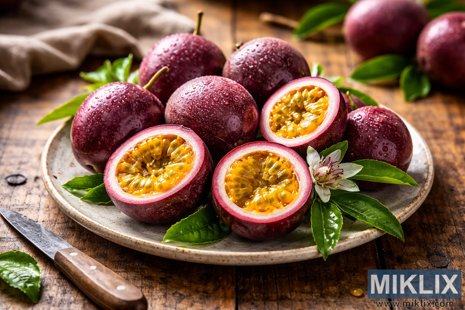 Image: Ripe Passion Fruits on a Rustic Wooden Table - Miklix