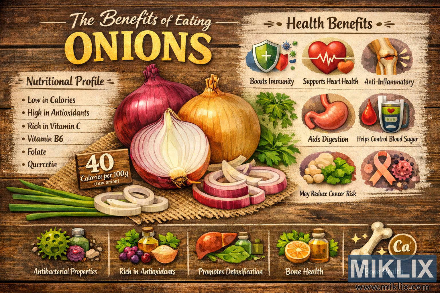 Imej: Bawang: Profil Pemakanan dan Infografik Manfaat Kesihatan - Miklix