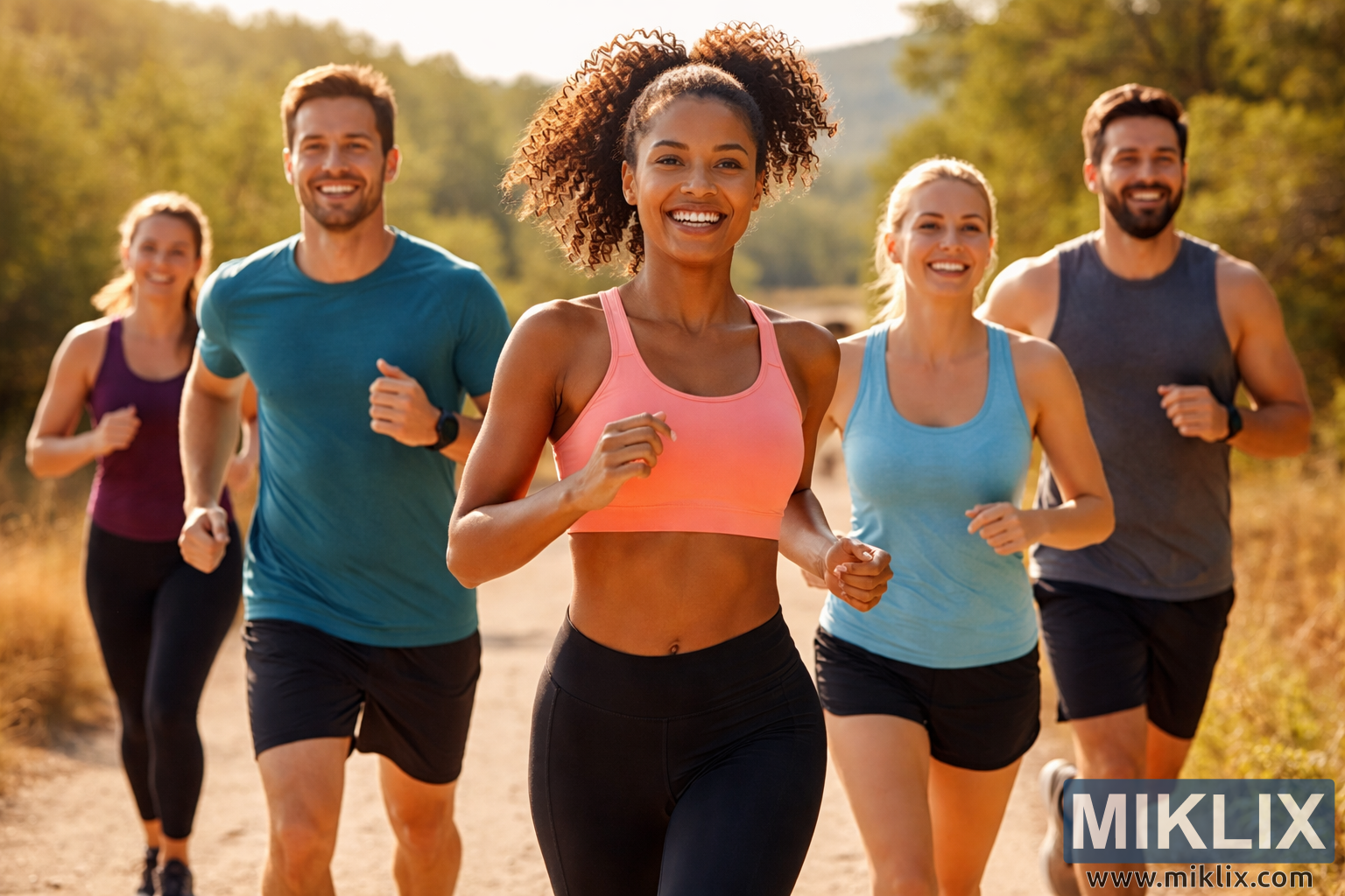 Image: Friends Running Together on a Sunlit Forest Trail - Miklix