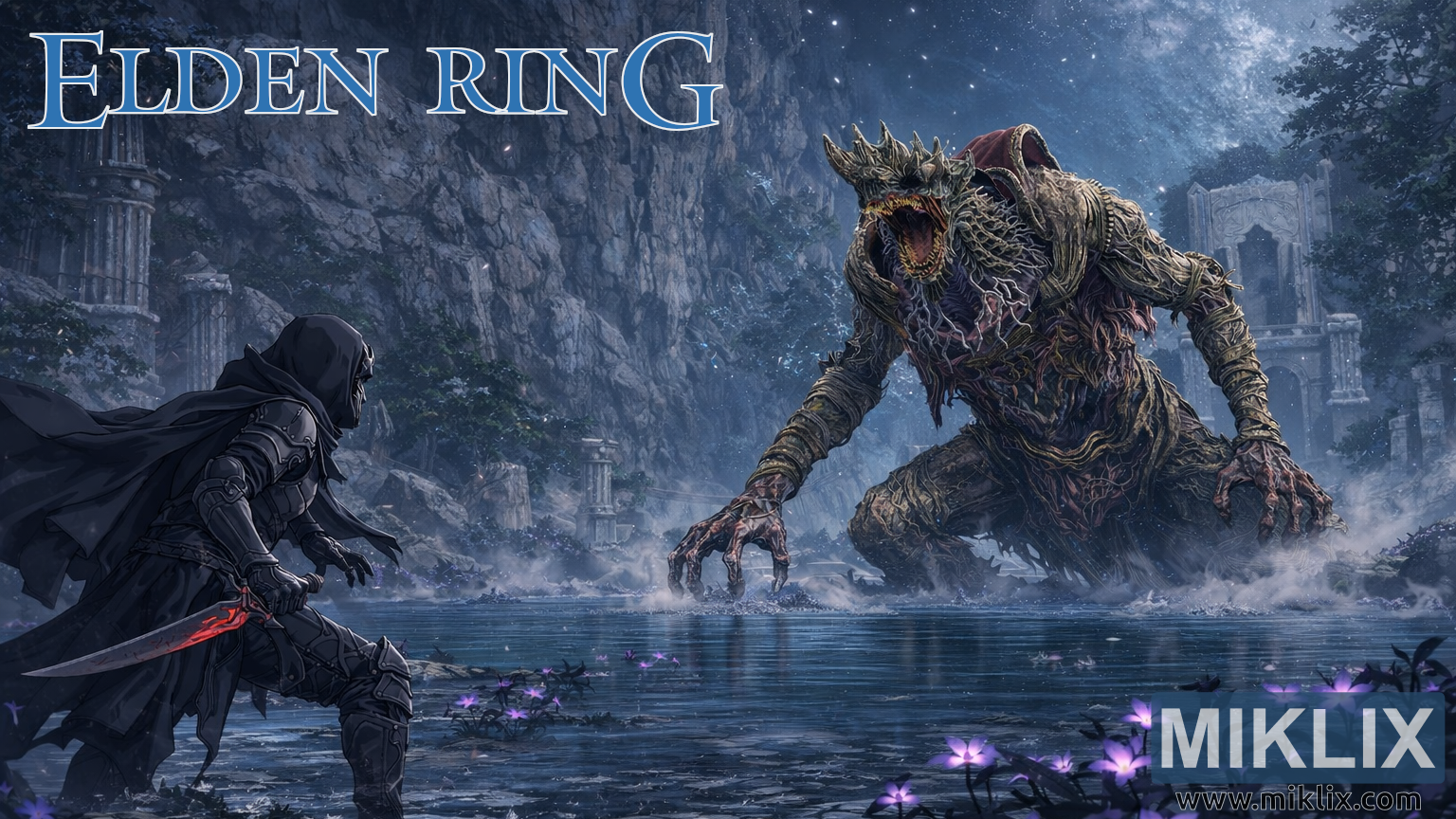 Gambar: Pembunuh Pisau Hitam vs Prajurit Naga di Sungai Siofra - Miklix