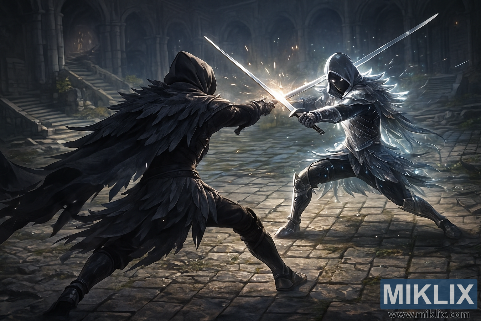 Image: Duel of Shadows and Light - Miklix