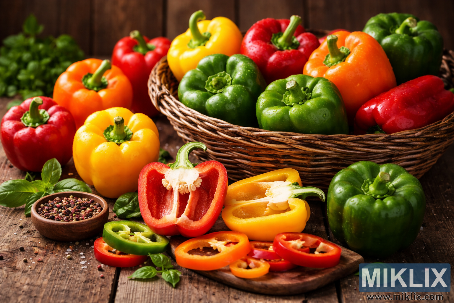 Image: Colorful Bell Peppers on a Rustic Wooden Table - Miklix