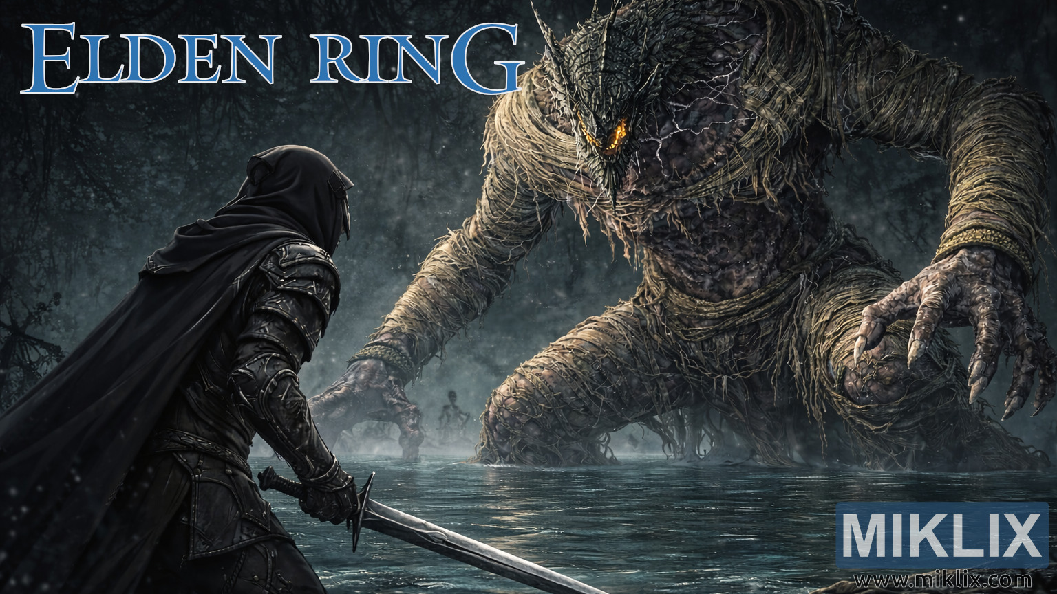 Image: Black Knife Assassin vs Dragonkin Soldier in Ainsel River - Miklix