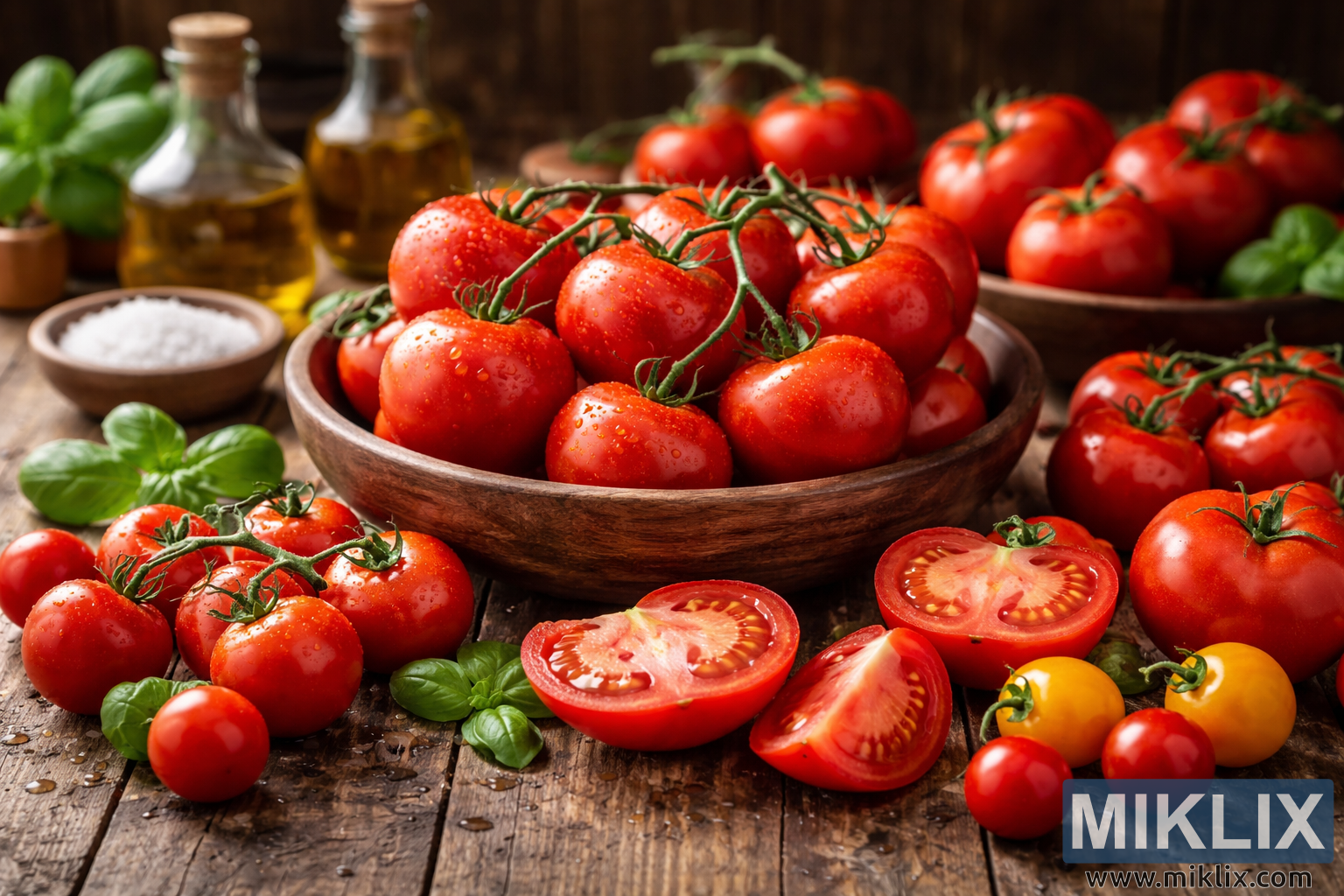 Attēls: Svaigi tomāti uz zemnieciska koka galda - Miklix