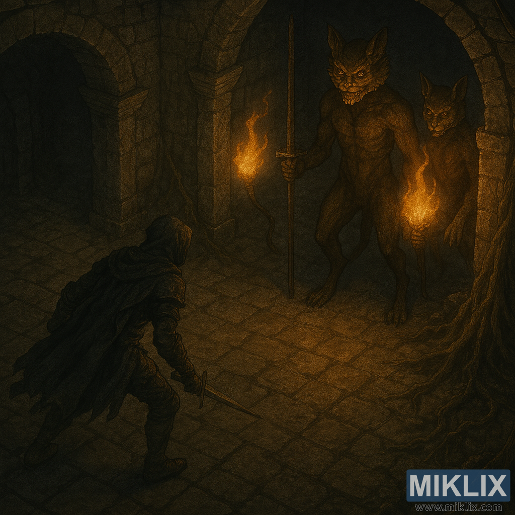 Image: Isometric Standoff in the Catacombs - Miklix