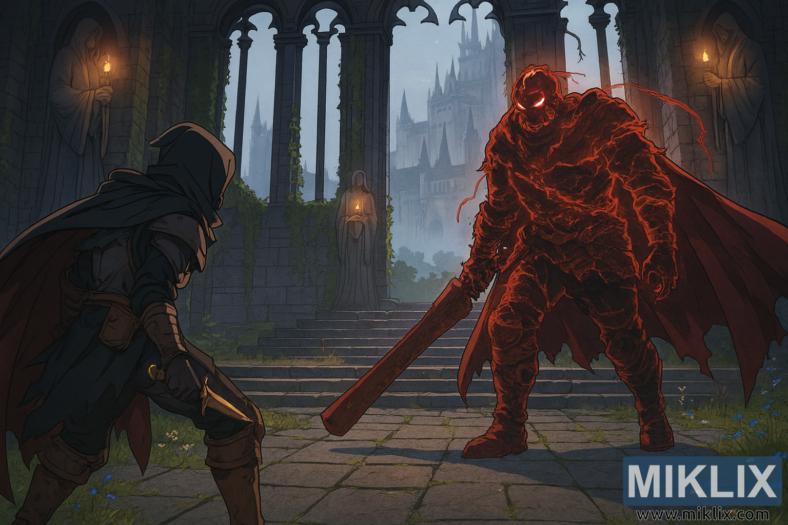 Image: Tarnished vs Bell-Bearing Hunter at Church of Vows - Miklix