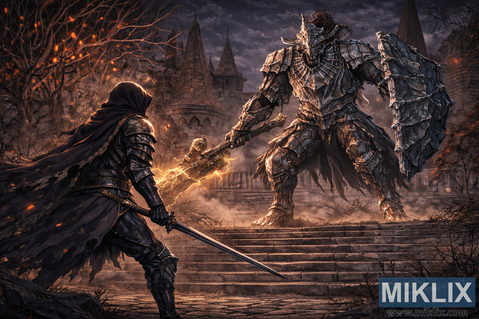 Image: Colossal Knight Standoff – Anime Dark Fantasy Duel - Miklix