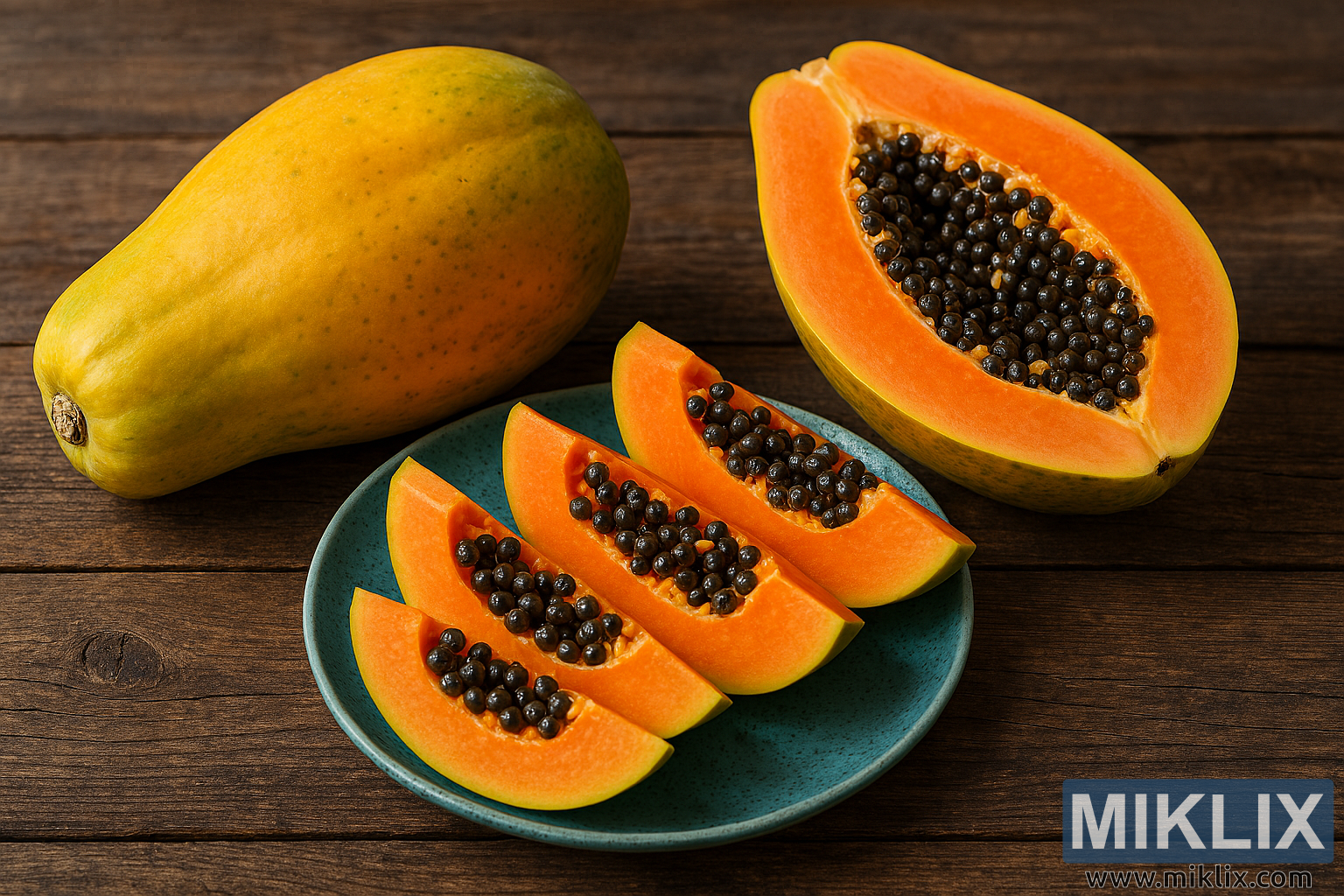 Image: Fresh Papayas on Rustic Wooden Table - Miklix